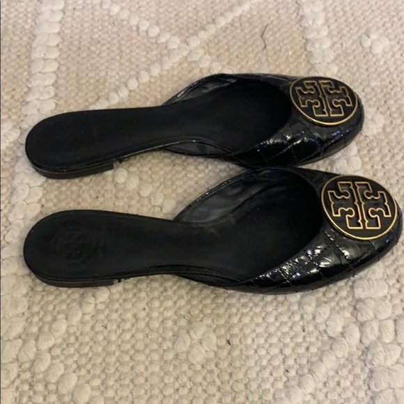 Shoes | Tory Burch Reva Black Patent Quilted Ballet Flat Sandals | Poshmark